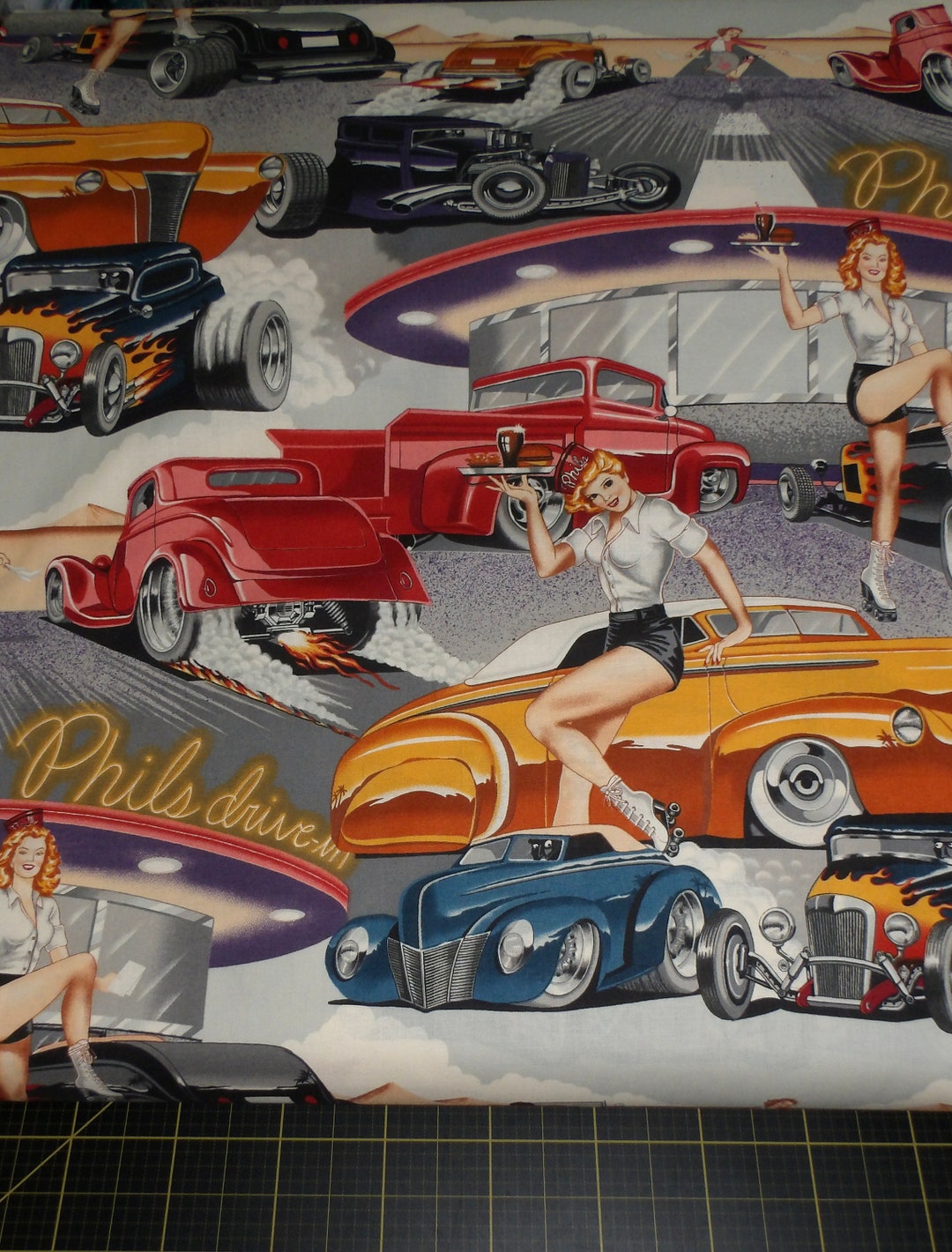 Alexander Henry. Phil's Drive-in Vintage Pinup Girls on Hot Rods Fabric ...