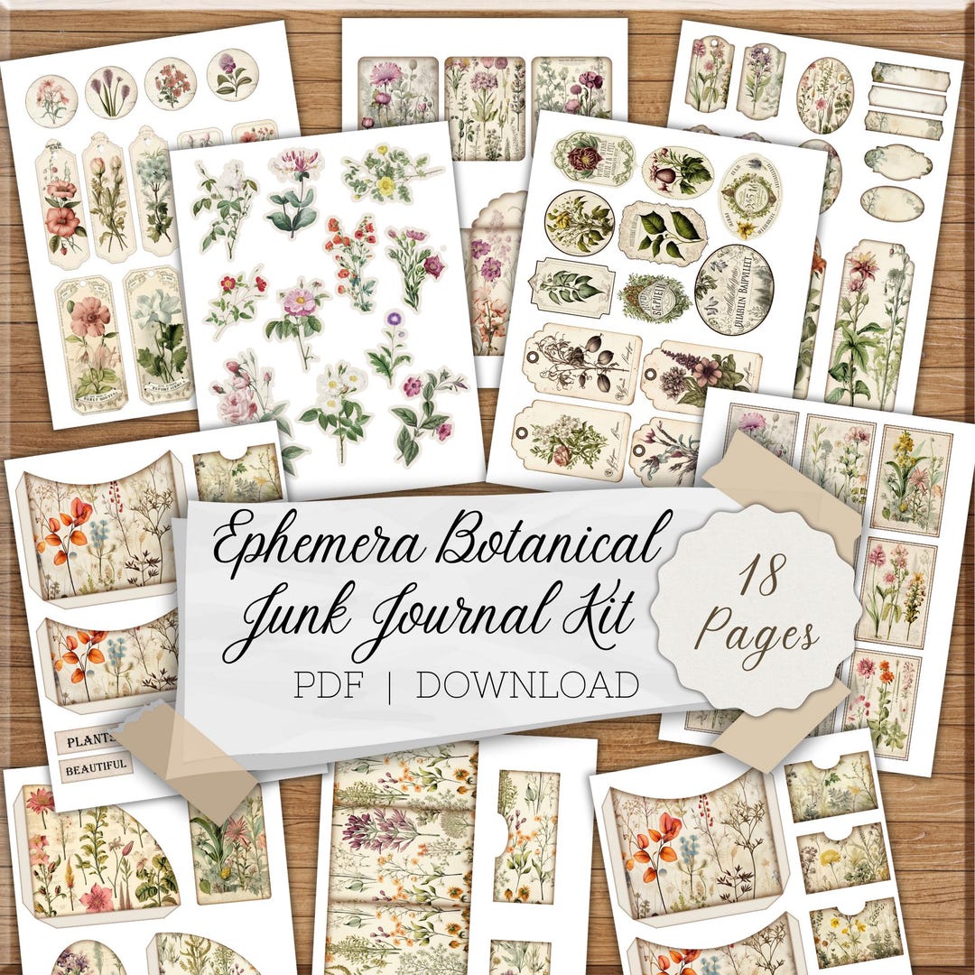 ボタニカルエフェメラジャンクジャーナル印刷キット - ヴィンテージ自然花植物デジタルペーパー（スクラップブッキング、コラージュ、クラフト用 ...