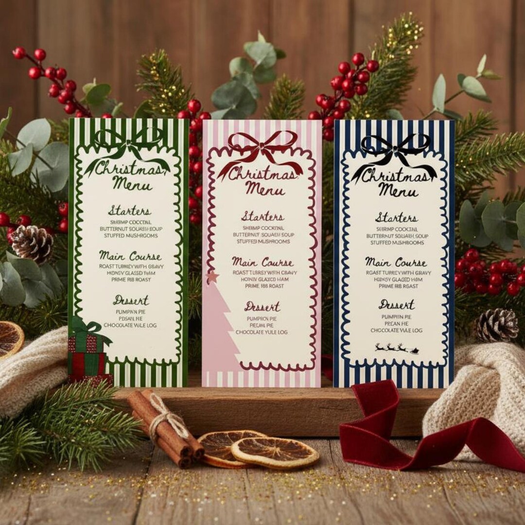 Whimsical Christmas Menu Card Pink Green Black – Holiday Dinner Menu ...
