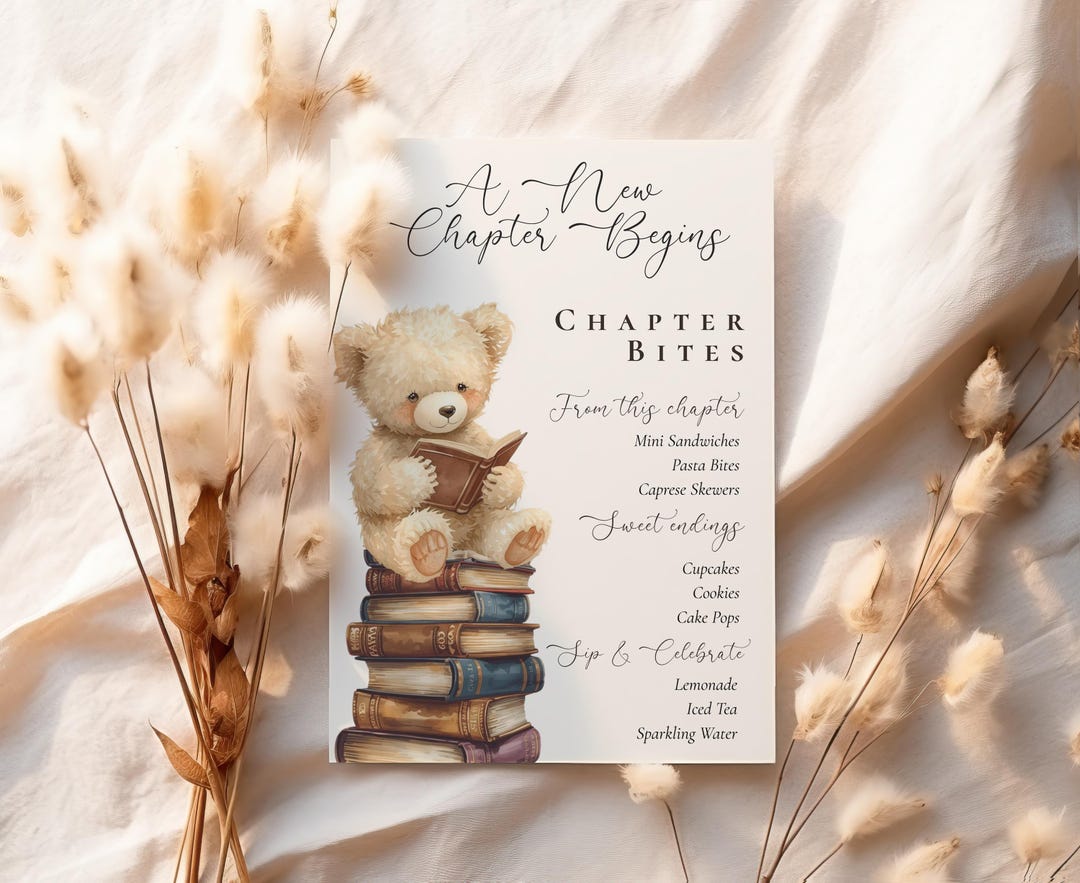 A New Chapter Begins Baby Shower Menu, Book Baby Shower Menu Card ...
