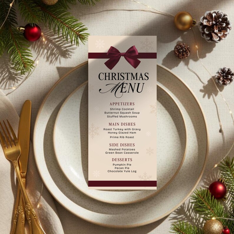 Christmas Dinner Menu Template 4x9 and 5x7 Inch – Editable Holiday Menu ...
