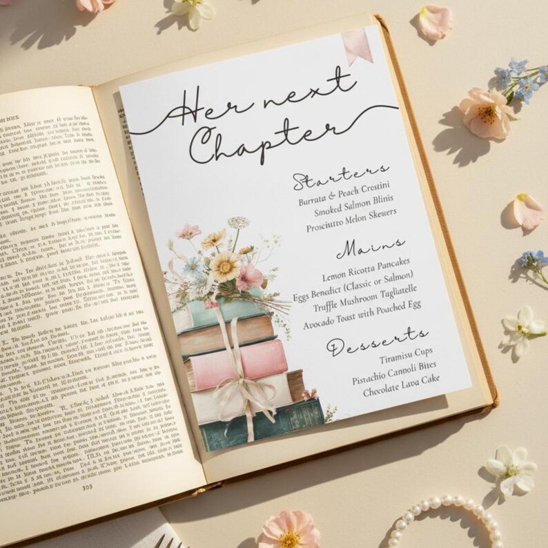 Her Next Chapter Bridal Shower Menu Template, Editable Canva Menu Card ...