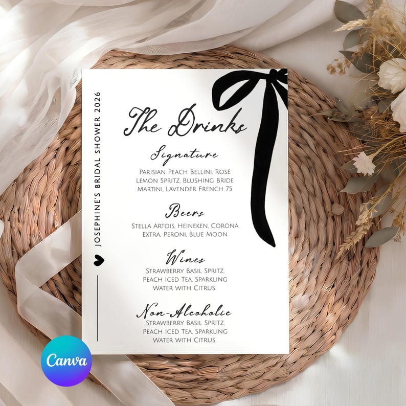 Black Bow Bridal Shower Drinks Menu Template, Editable Canva Cocktail ...
