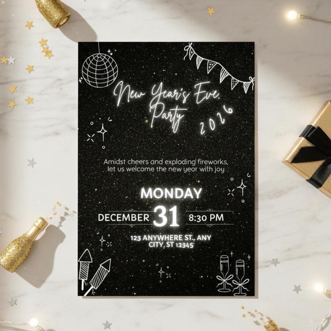 NYE 2026 Party Invitation • New Year’s Eve Invite Template • Editable ...