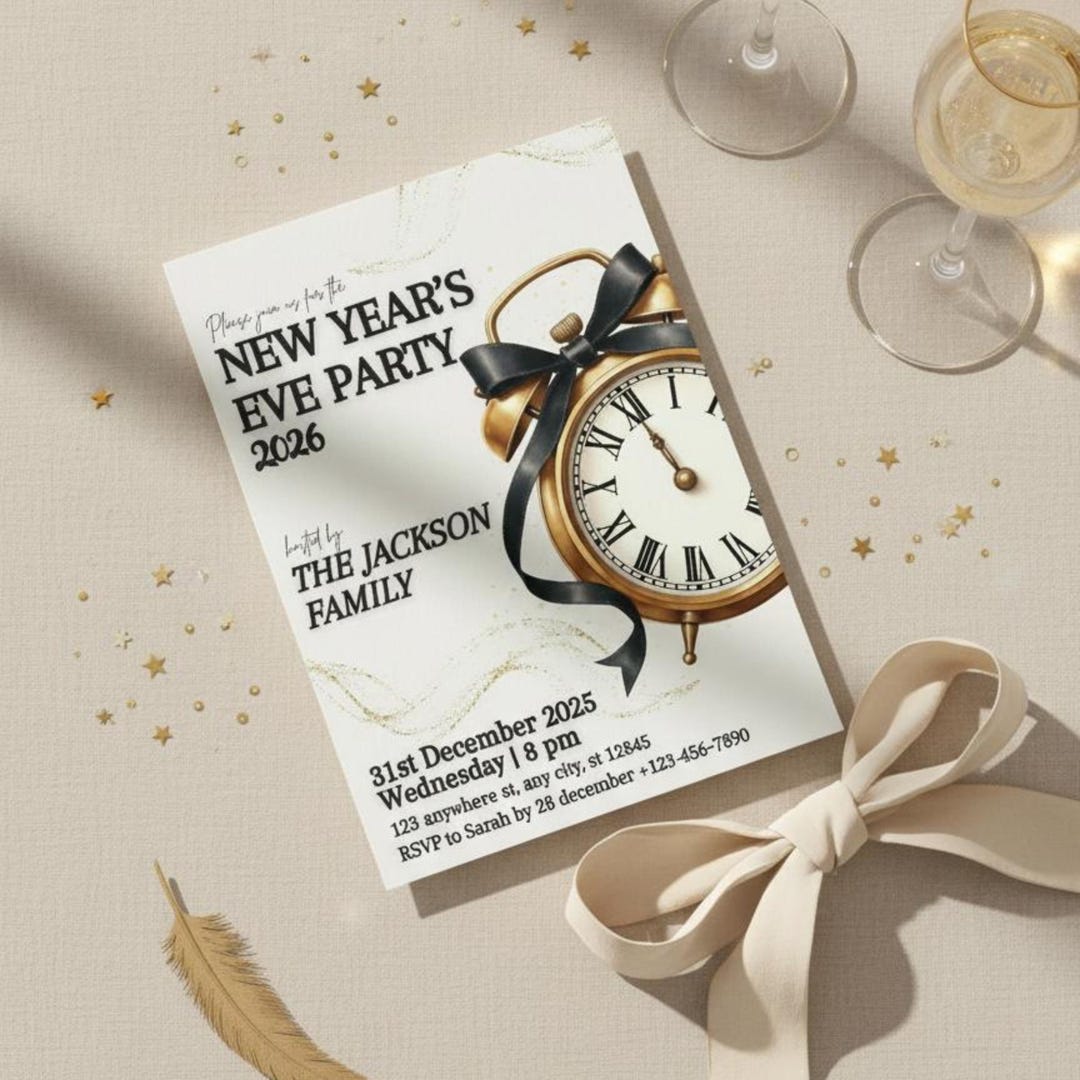 Elegant New Year’s Eve Party Invitation 2026 | Black & Gold Clock NYE ...