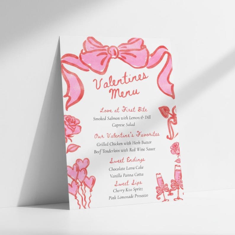 Coquette Valentine Menu Template Canva, Pink Bow Watercolor Menu Card ...