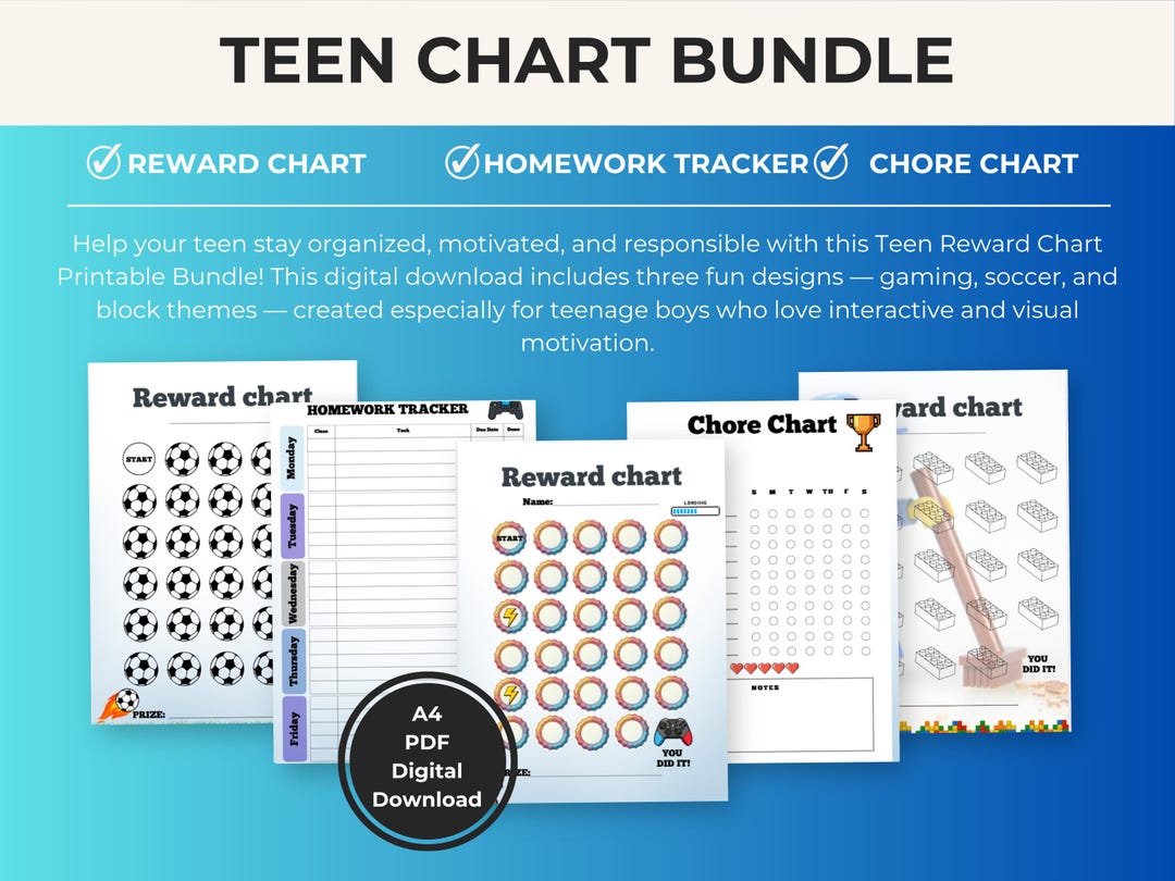 Teen Reward Chart Printable Bundle – Gaming, Soccer and Blocks Themes ...