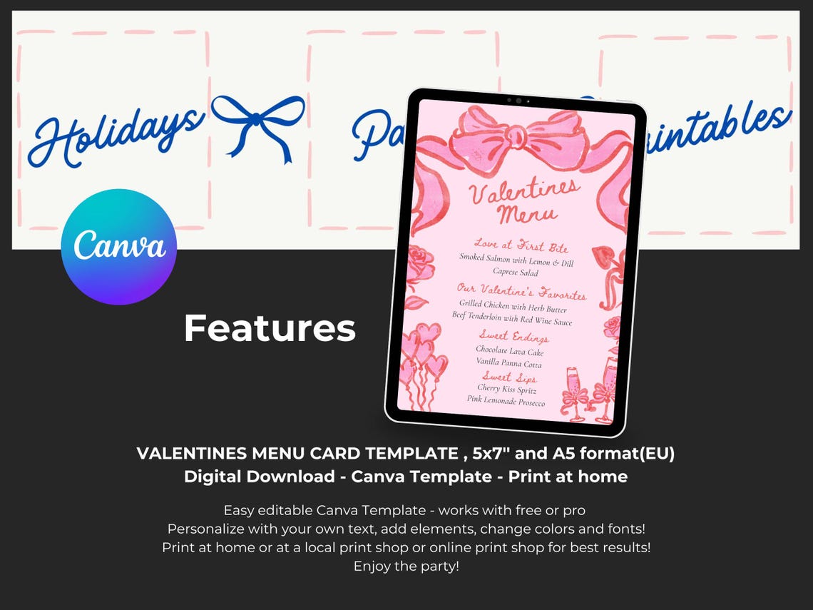 Coquette Valentine Menu Template Canva, Pink Bow Watercolor Menu Card ...