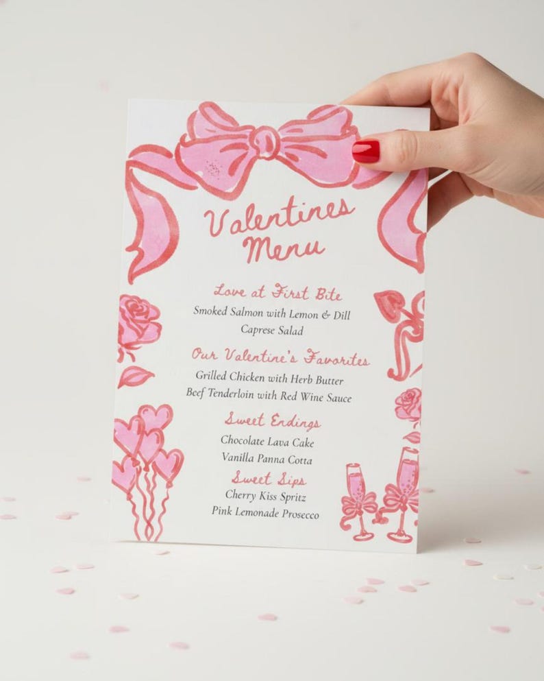 Coquette Valentine Menu Template Canva, Pink Bow Watercolor Menu Card ...