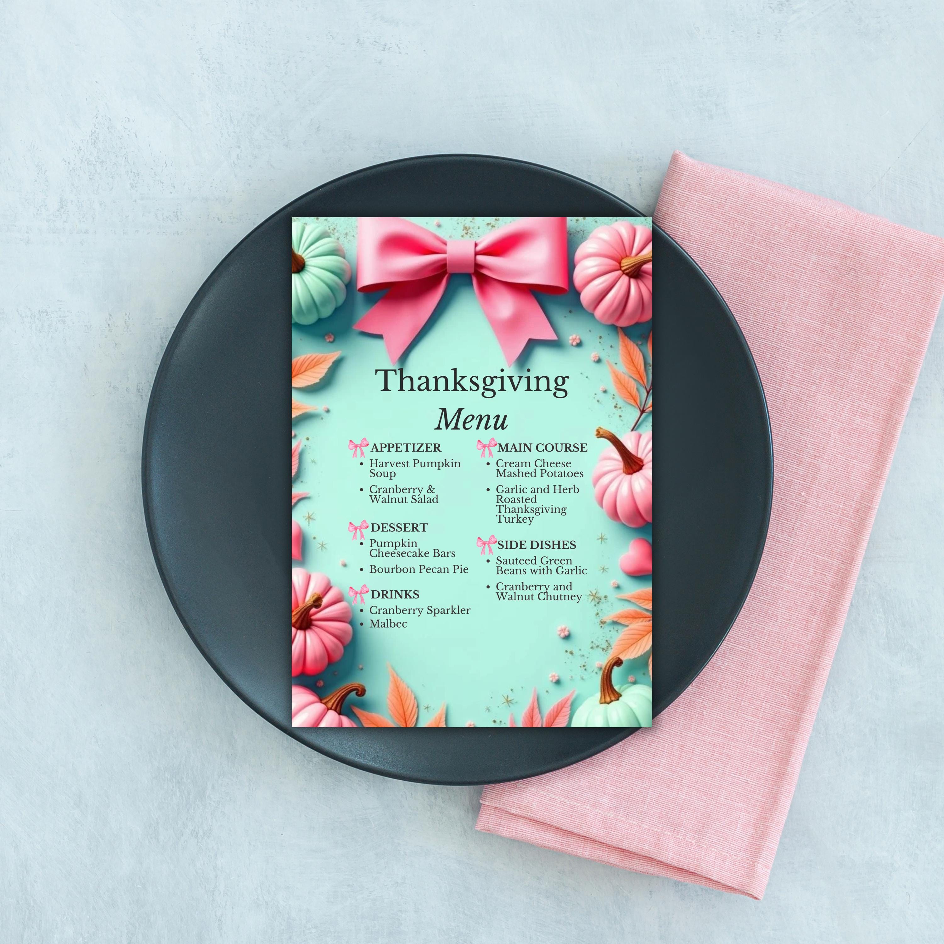 Thanksgiving Menu Template, Editable Coquette Style Digital Download ...