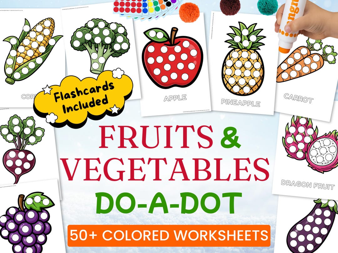 Colored Fruits & Vegetables Do-a-dot Worksheets + Flashcards for Kids ...