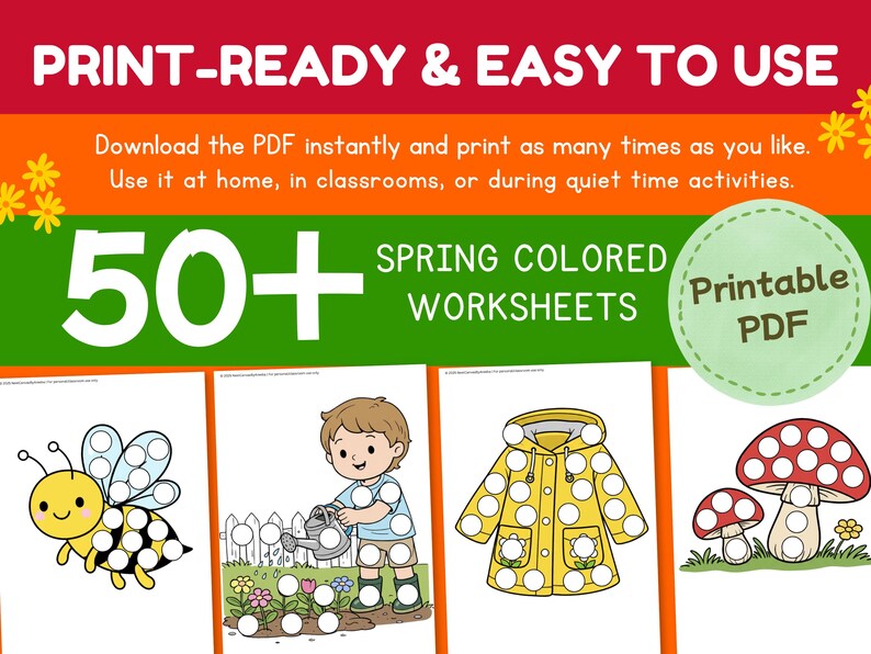Spring Do-a-dot Colored Printable Worksheet for Kids | Dot Marker ...