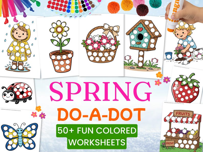 Spring Do-a-dot Colored Printable Worksheet for Kids | Dot Marker ...