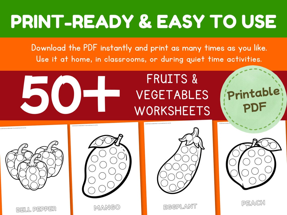 Fruits & Vegetables Do a Dot Worksheets + Flashcards for Kids | Dot ...
