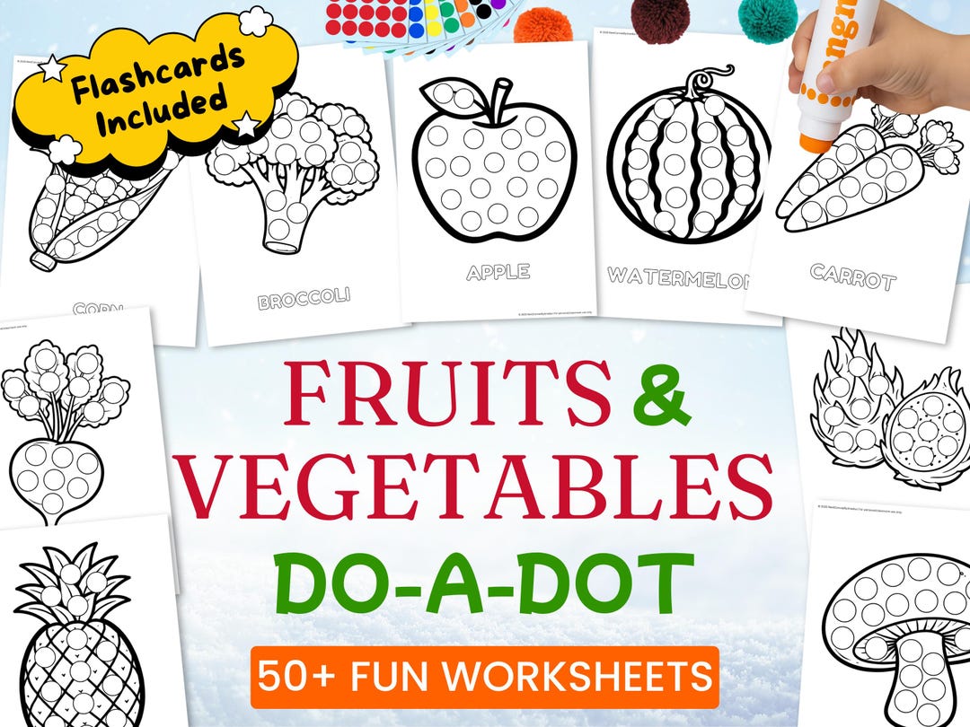 Fruits & Vegetables Do a Dot Worksheets + Flashcards for Kids | Dot ...