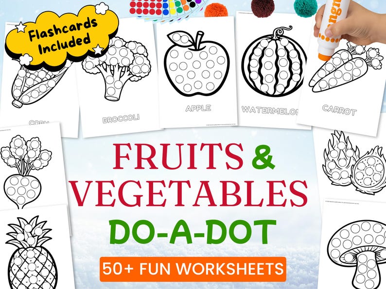 Fruits & Vegetables Do a Dot Worksheets + Flashcards for Kids | Dot ...