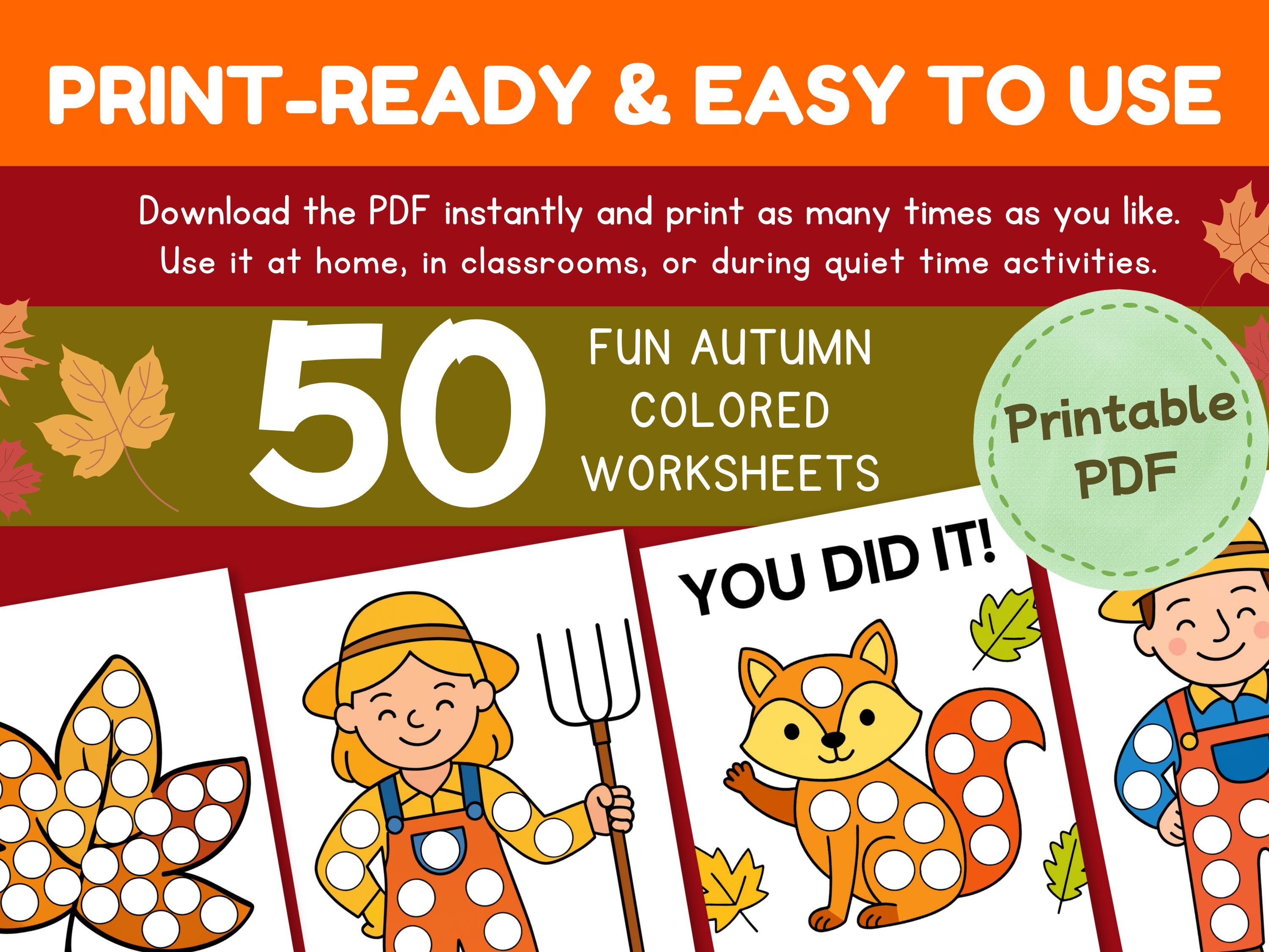 Fall Do-a-dot Marker Worksheets (colored) | 50 Autumn Printable ...