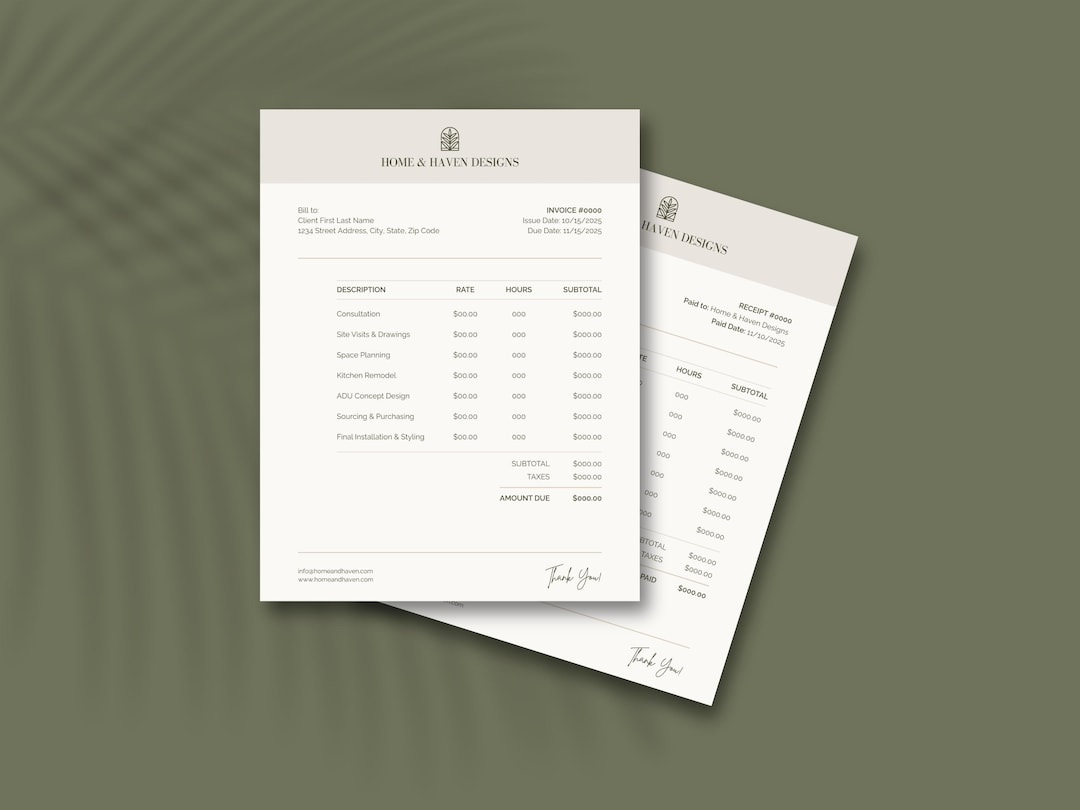 Invoice & Receipt Bundle for Interior Designers | Client Billing Form ...