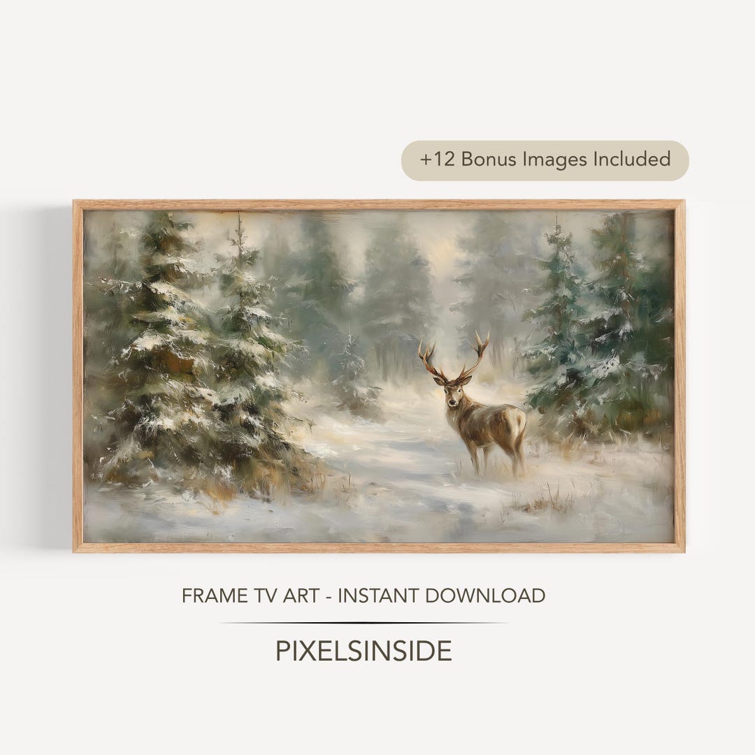 Deer Oil Painting for Frame TV, Digital TV Art, Christmas Rudolph ...