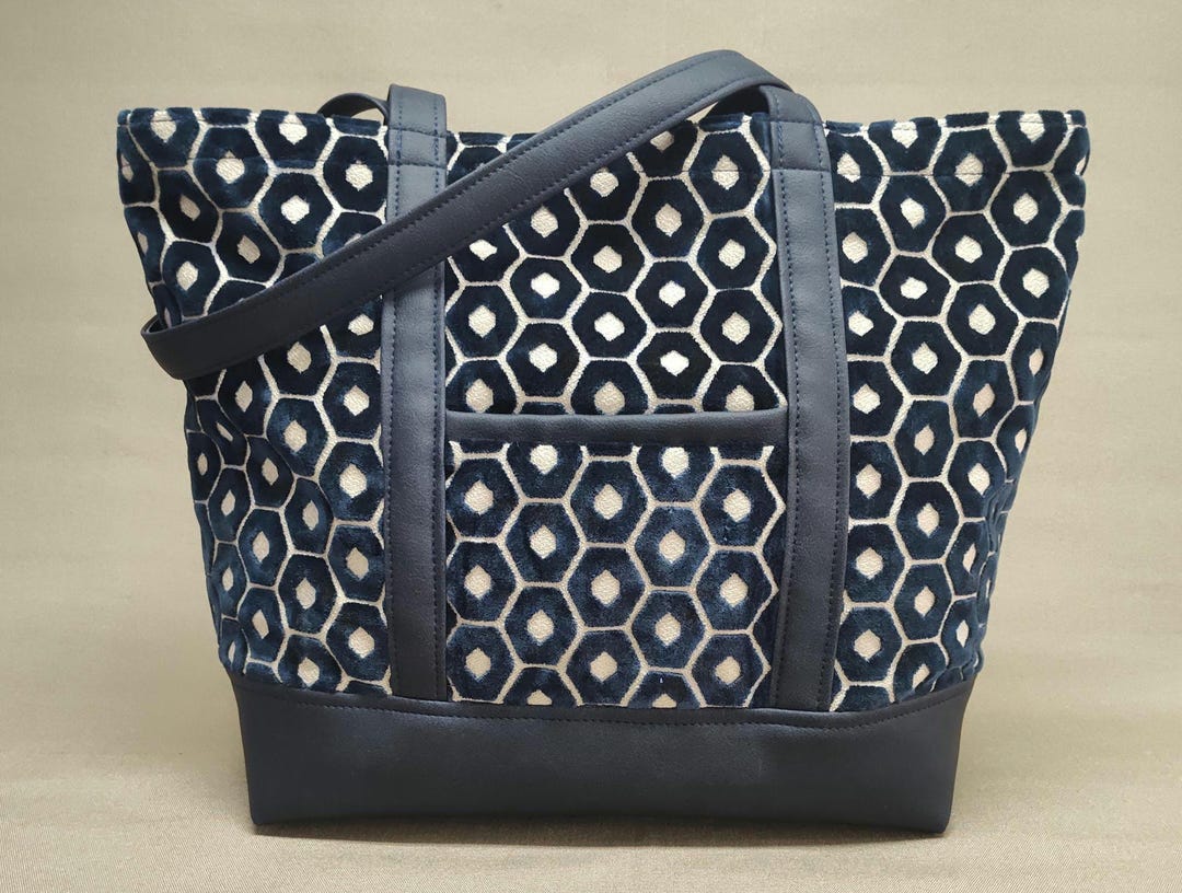 Velvet Tote Bag | Navy Notion – Cut Velvet & Ink Faux Leather Tote ...