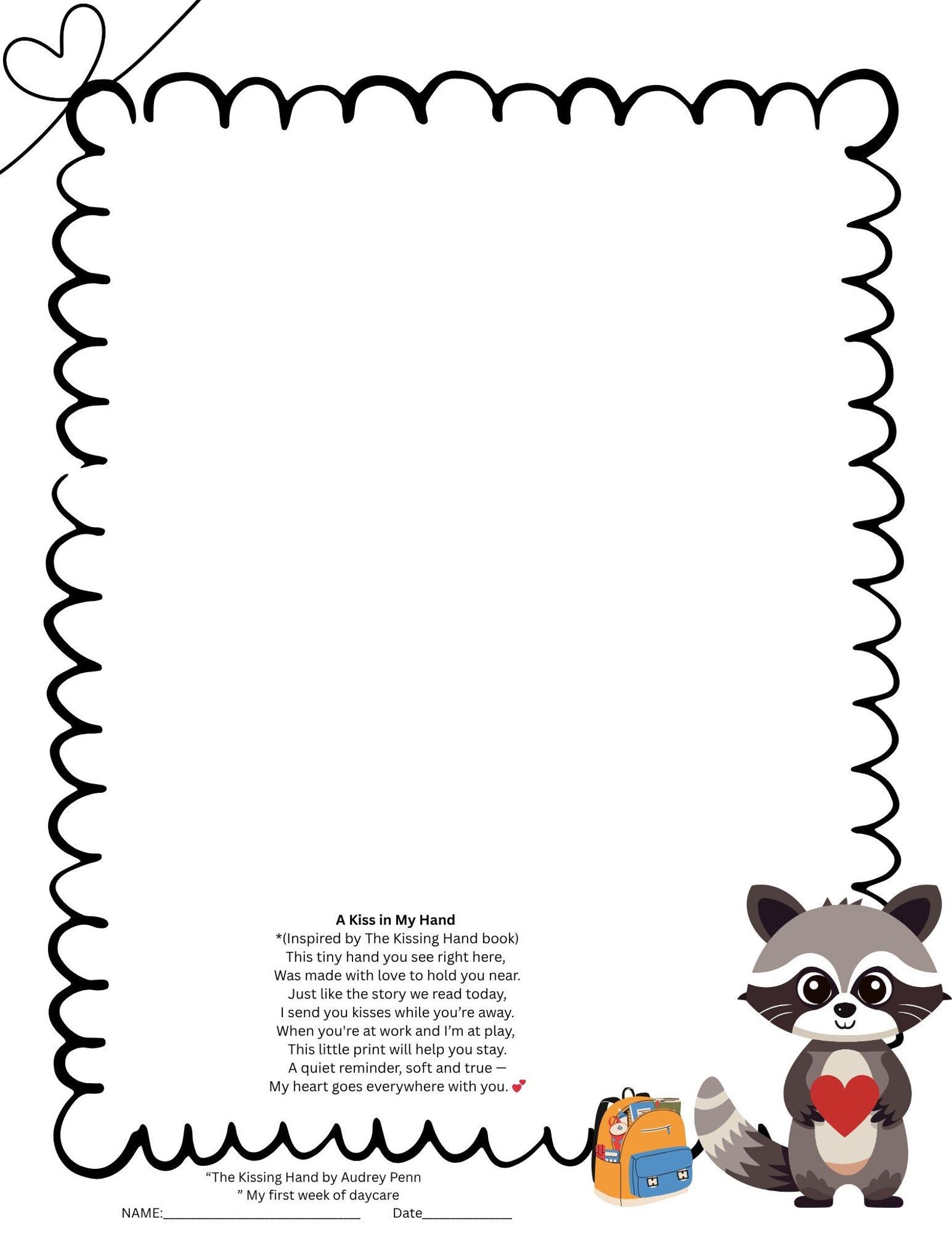 Kissing Hand Printable, First Day Keepsake, Handprint Craft, Teacher ...