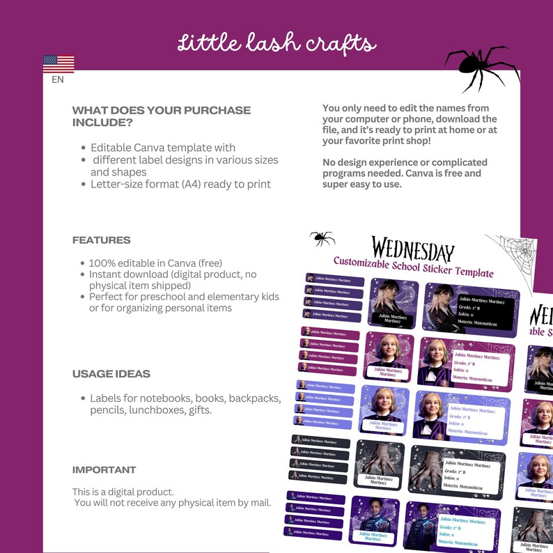 Wednesday Addams School Labels – Editable Canva Printable Template ...