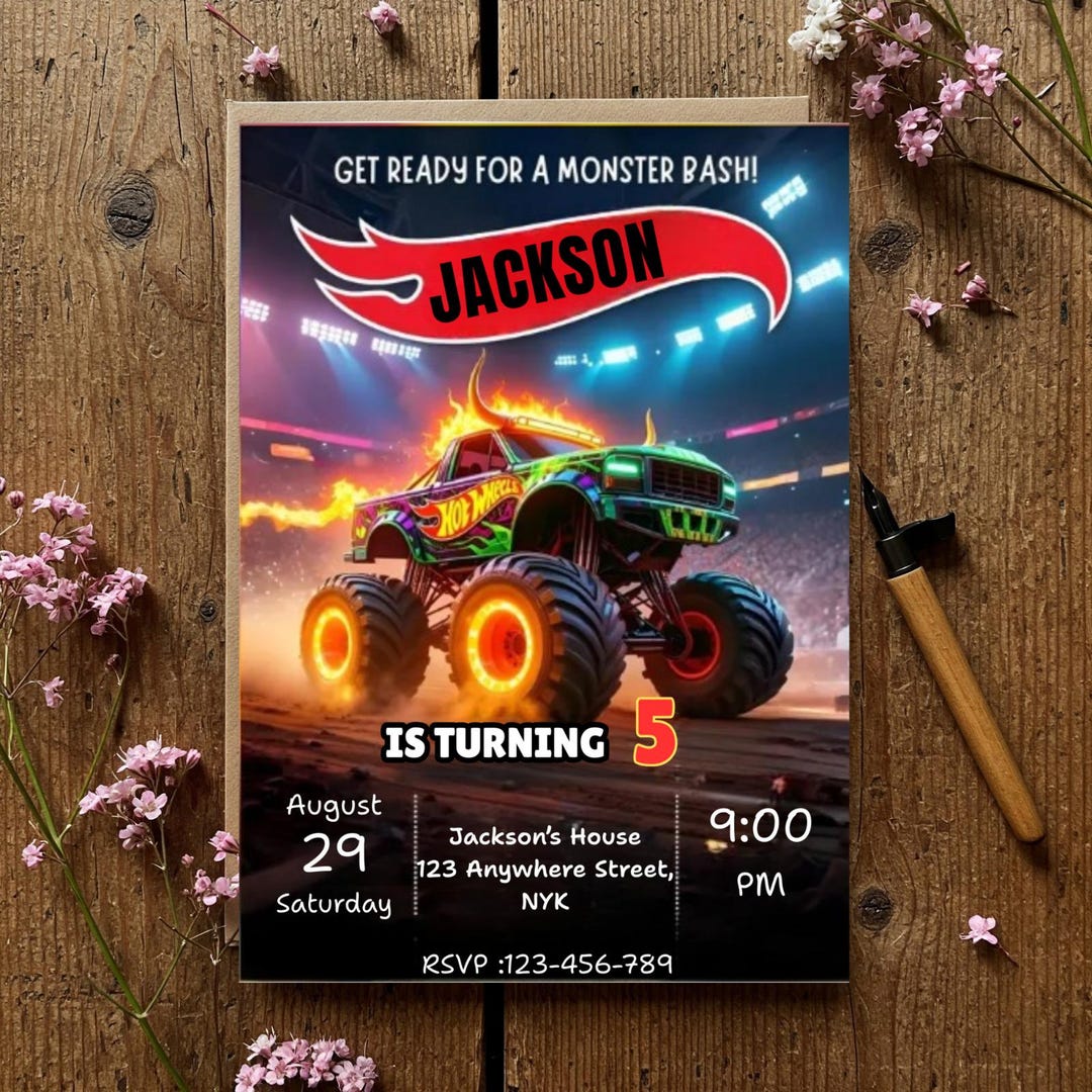 Hot Wheels Monster Truck Birthday Invitation | Editable Boy's 5th ...