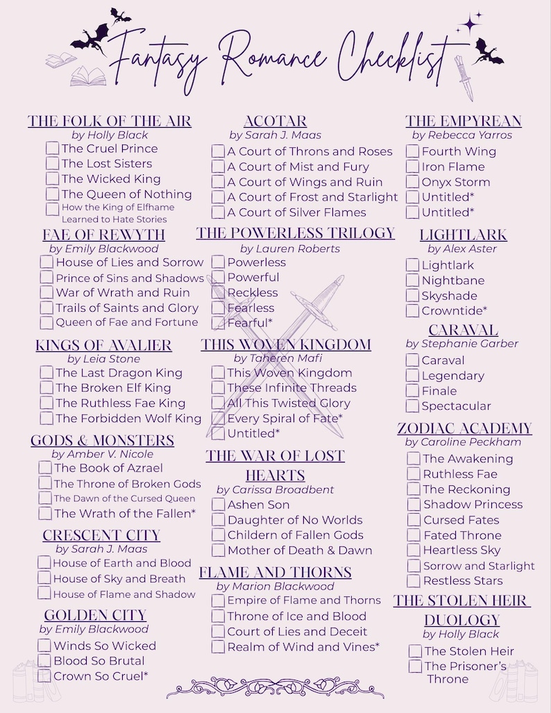 Fantasy Romance Checklist, Customizable Canva Reading Tracker Template ...