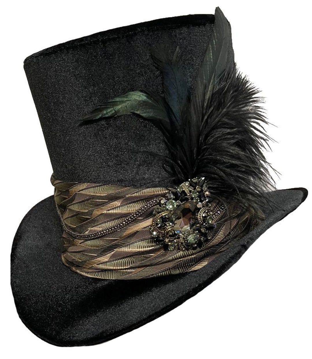 Black Velvet Top Hat Tall Serpent Green Brown Feathered Jeweled ...