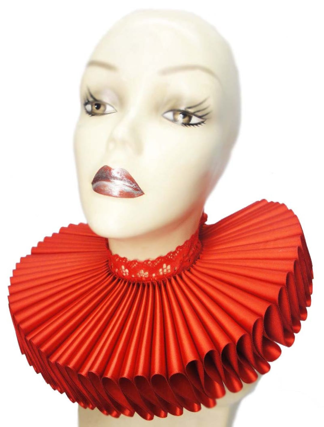 Ruffled Collar Red Satin Tall Wide Elizabethan Neck Ruff Victorian ...