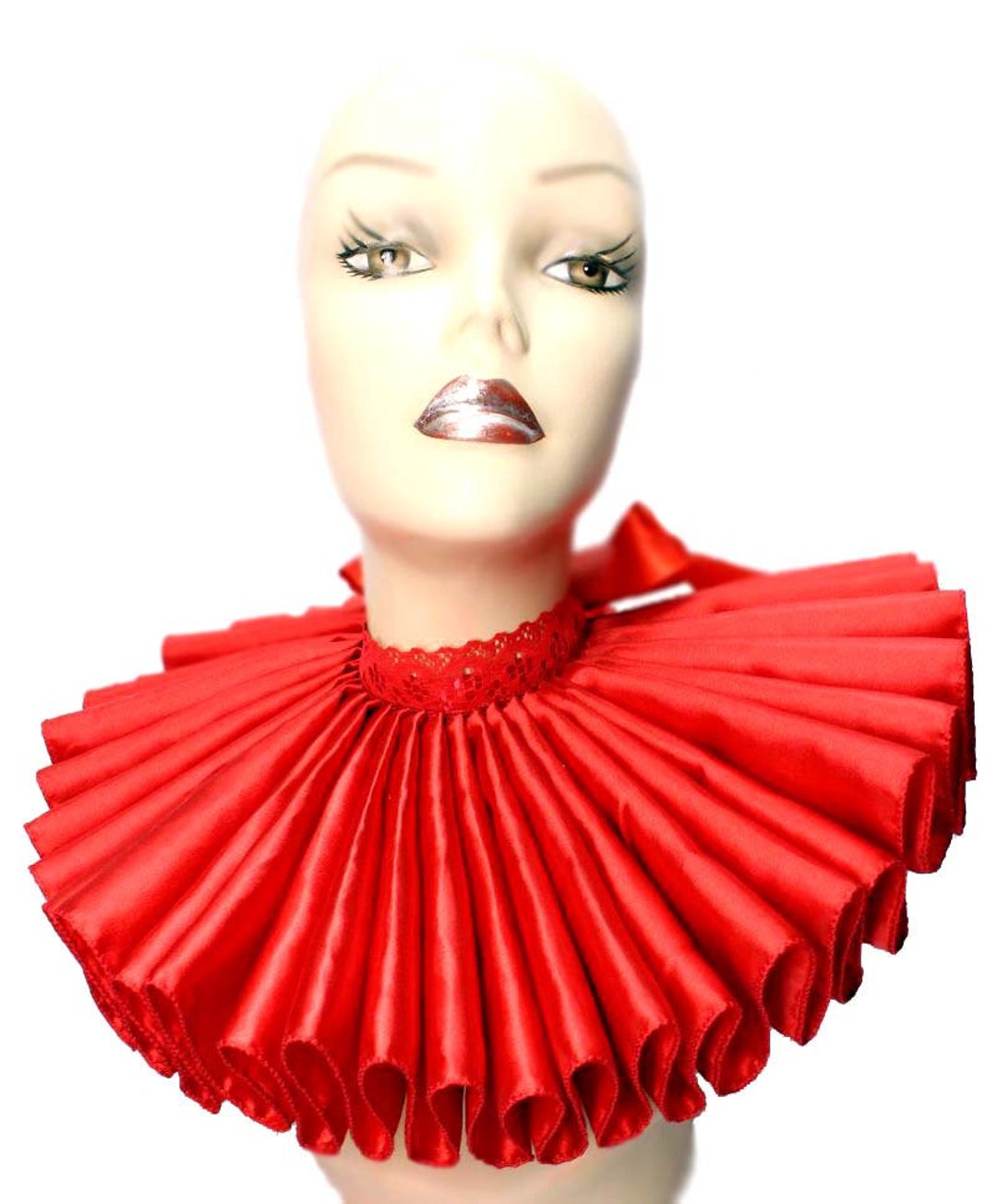 Ruffled Collar Red Satin Huge Tall Wide Elizabethan Neck Ruff Victorian ...