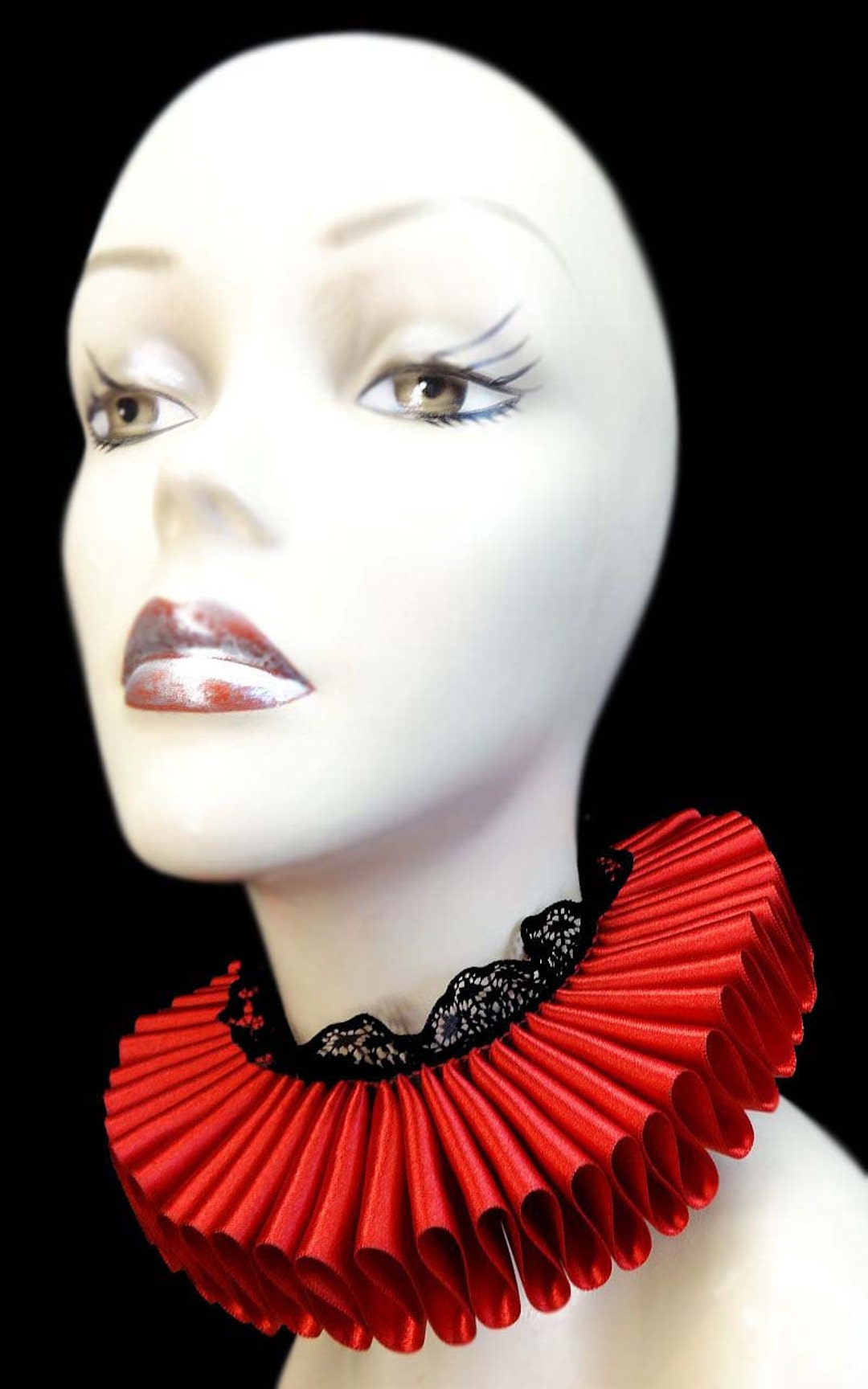 Neck Ruff Ruffled Collar Red Queen Satin and Black Lace Elizabethan ...