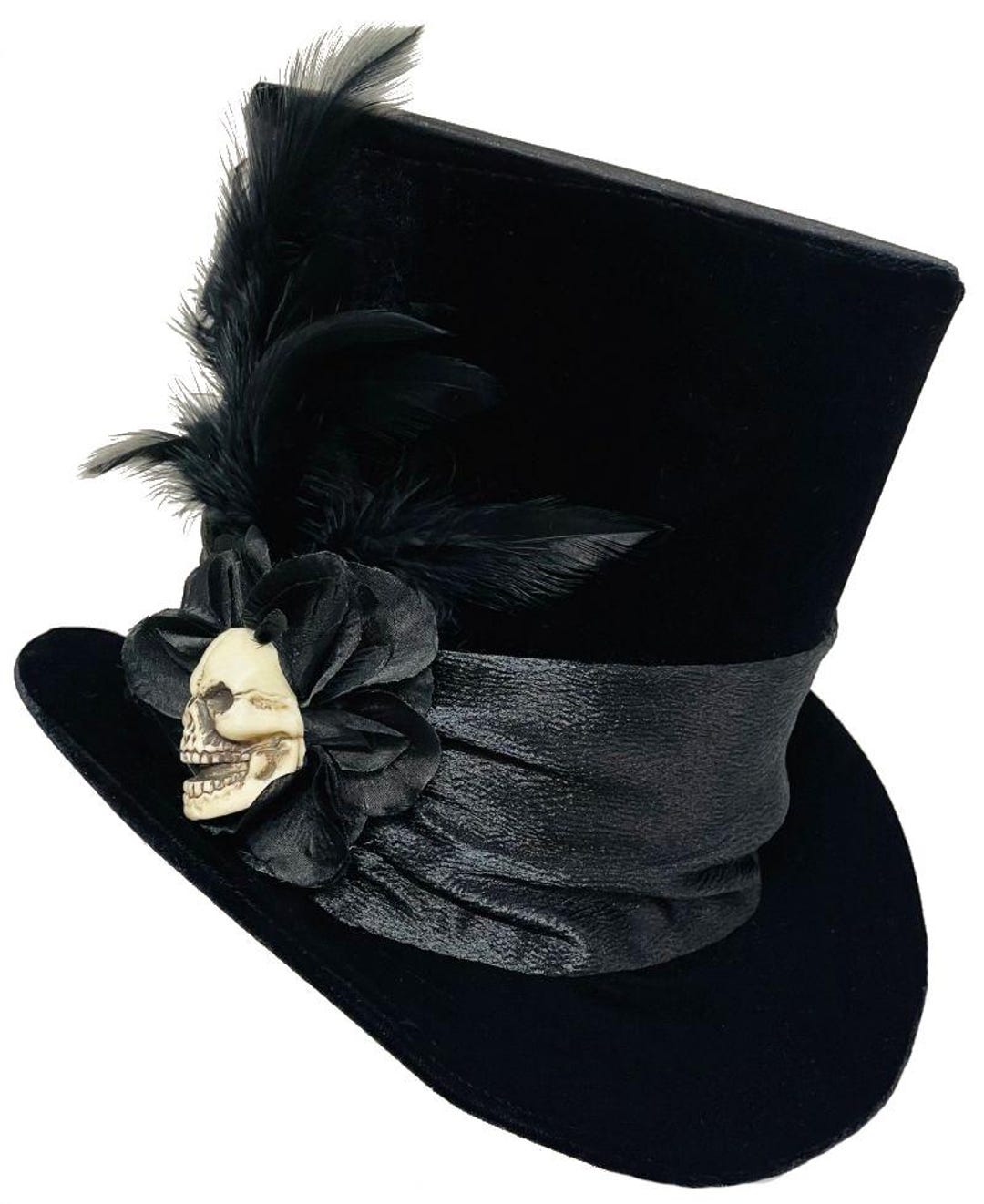 Tall Top Hat Black Velvet Rose Skull Feathered Gothic Vampire Steampunk ...