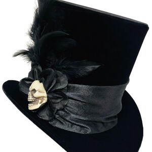 Tall Top Hat Black Velvet Rose Skull Feathered Gothic Vampire Steampunk ...