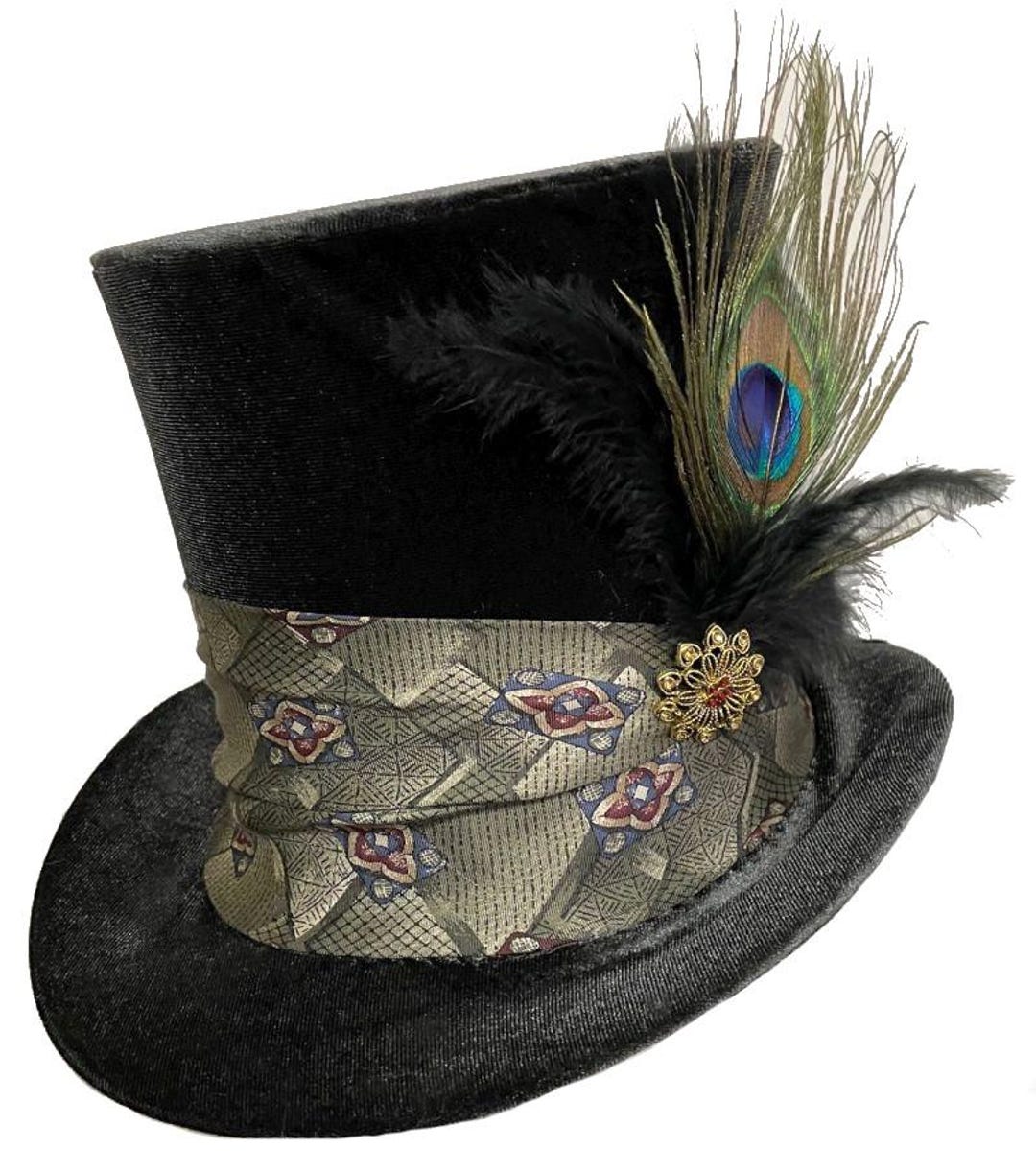 Tall Top Hat Dark Grey Charcoal Feathered Jeweled Steampunk Dapper ...
