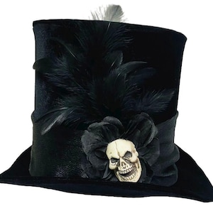 Tall Top Hat Black Velvet Rose Skull Feathered Gothic Vampire Steampunk ...