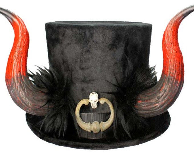 El Diablo Tall Black Top Hat Demon Horns Gothic Devil Lucifer Steampunk ...