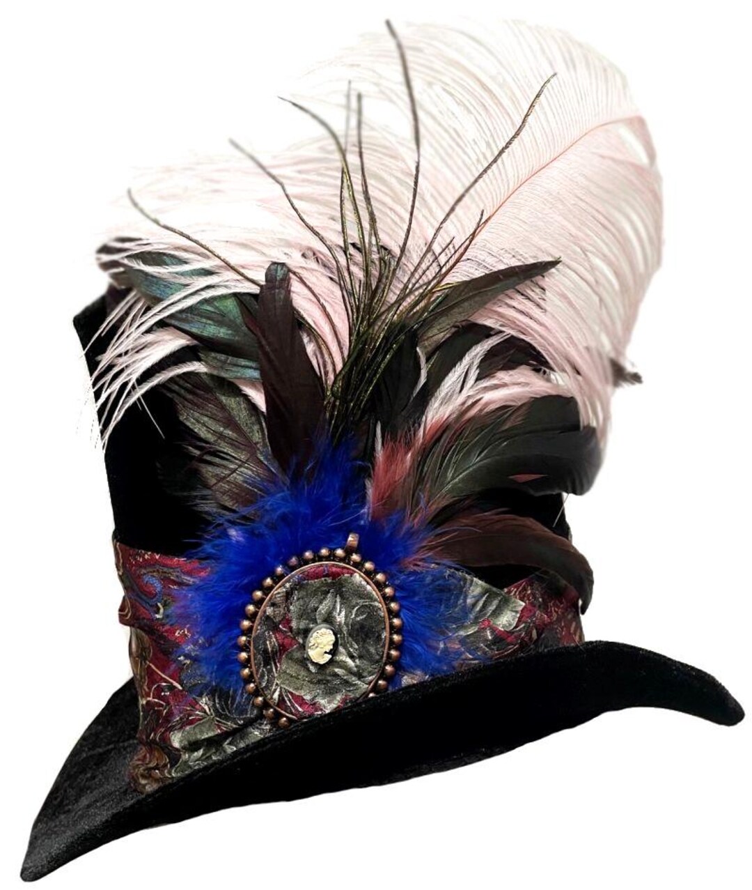 Black Velvet Top Hat Floral Cameo Blue Burgundy Steampunk Dandy Lady ...