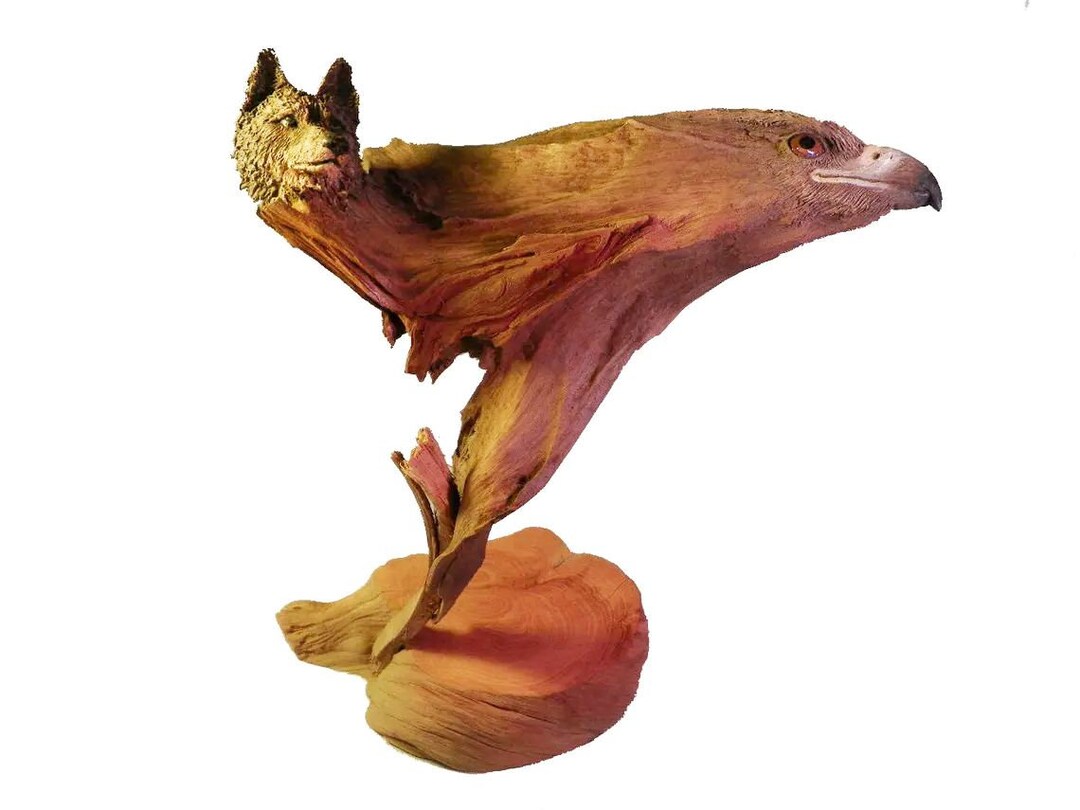 Wolf Hawk Wood Carving Sculpture Duel Flow Woodland Original Rick Cain ...