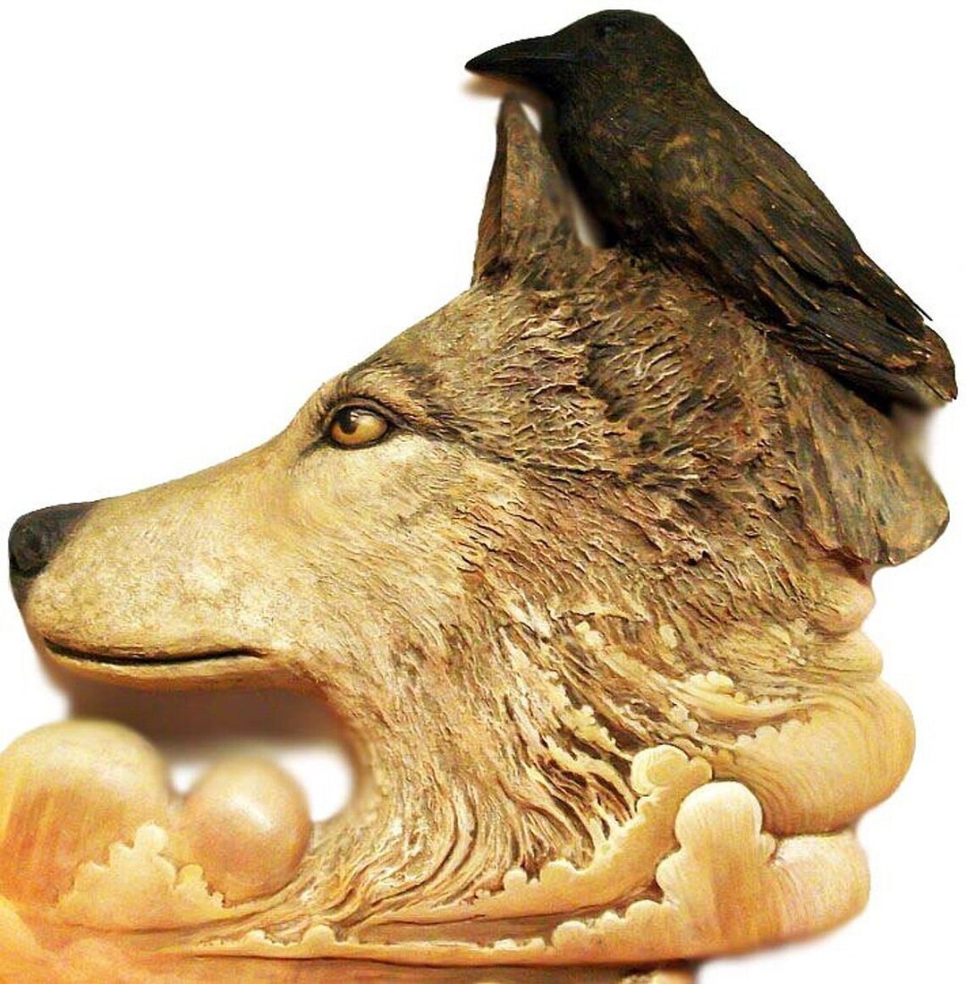 Wolf Raven Crow Wood Carving Huge Wall Hanging Sculpture Cloud Call ...