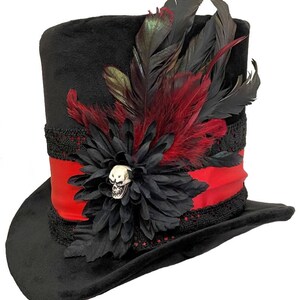 Tall Top Hat Black Velvet Red Gothic Skull Vampire Steampunk Horror ...