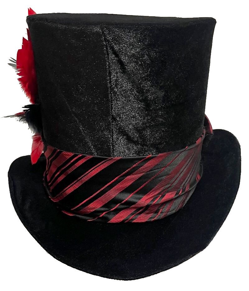 Tall Top Hat Black Red Velvet Silver Skull Feathered Gothic Vampire ...