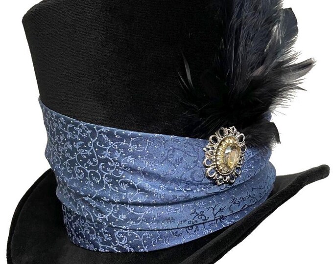 Tall Top Hat Black Velvet Blue Jeweled Feathered Steampunk Dapper ...