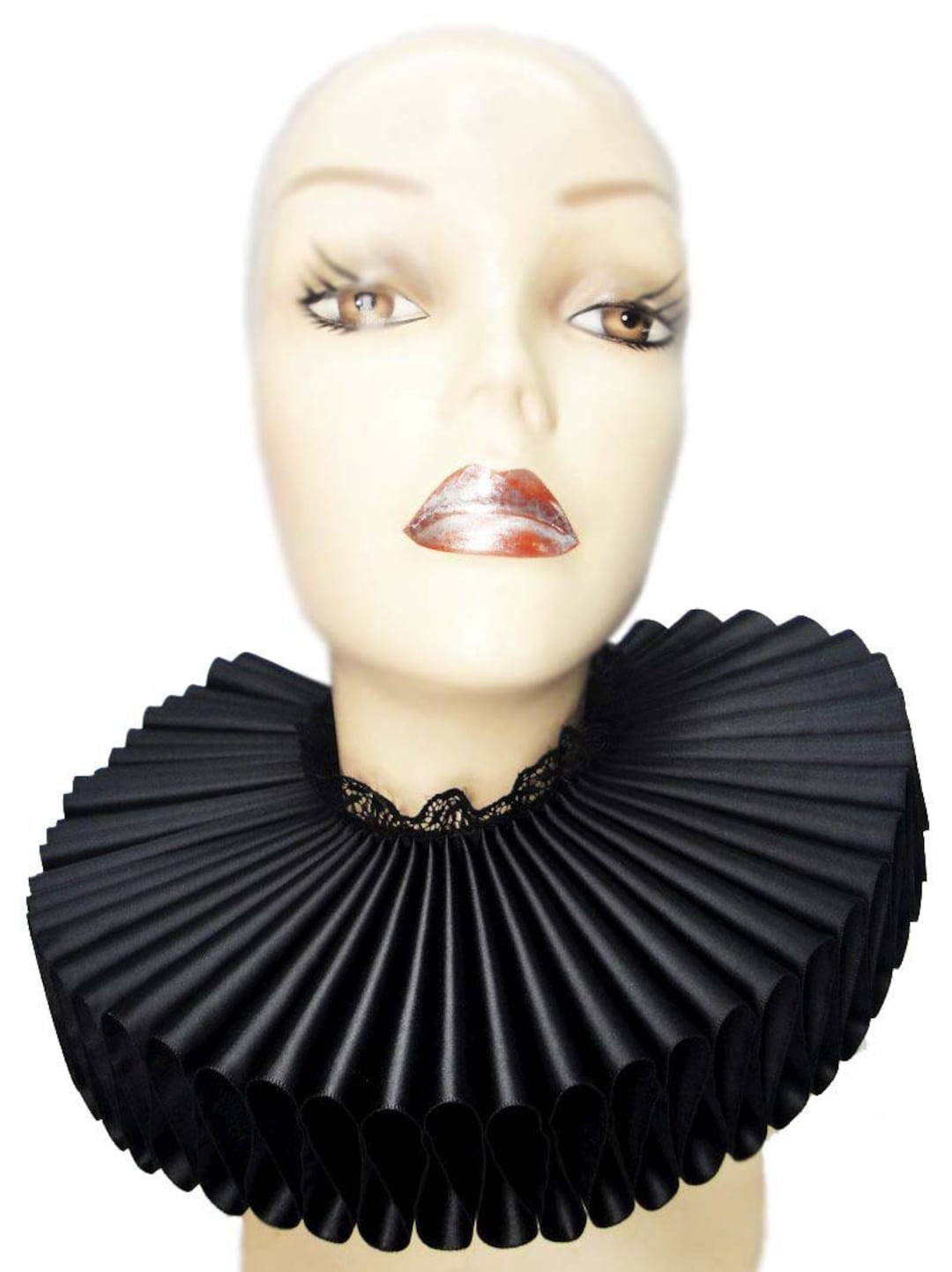 Ruffled Collar Black Satin Tall Wide Elizabethan Neck Ruff Victorian ...