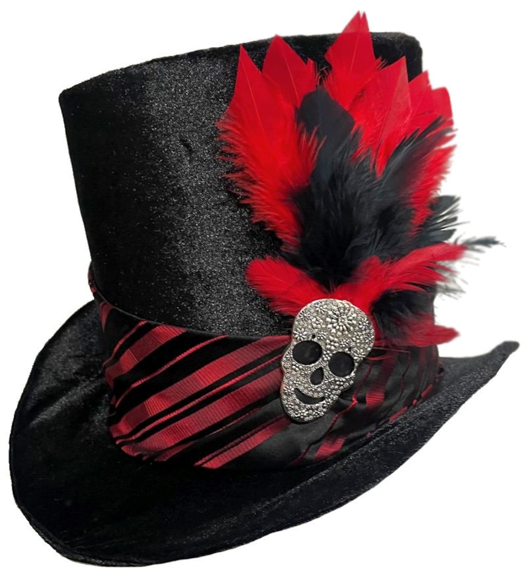 Tall Top Hat Black Red Velvet Silver Skull Feathered Gothic Vampire ...