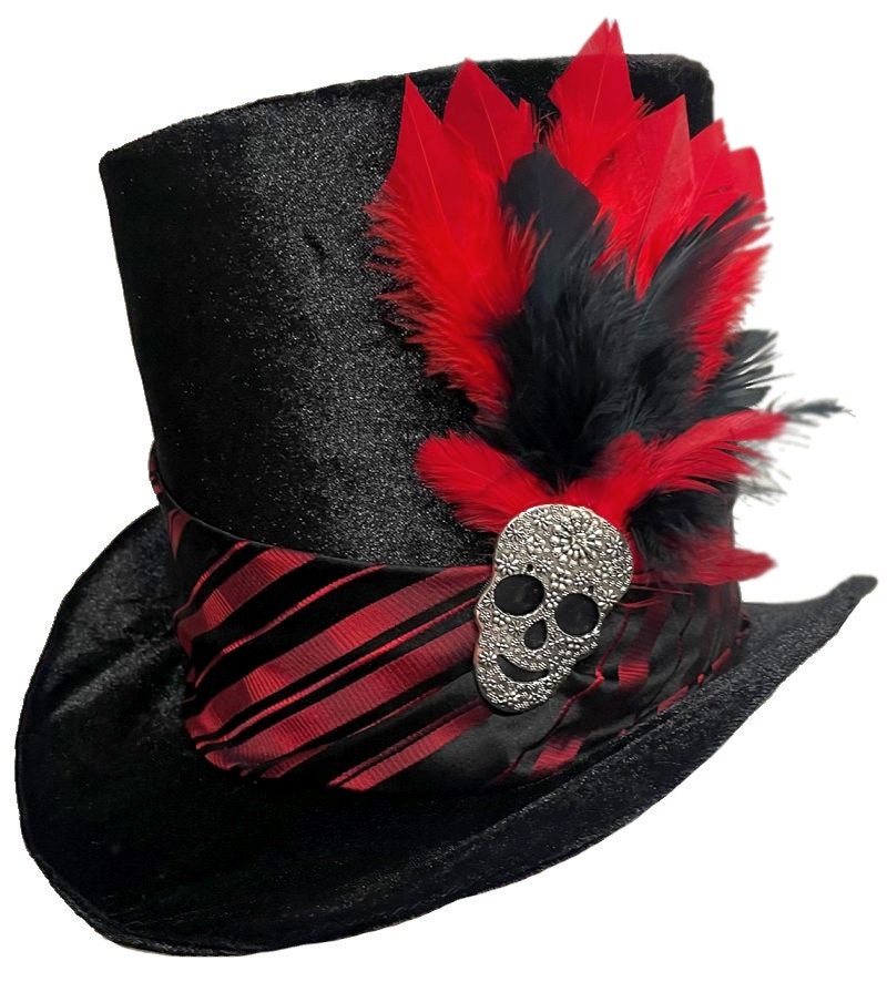 Tall Top Hat Black Red Velvet Silver Skull Feathered Gothic Vampire ...