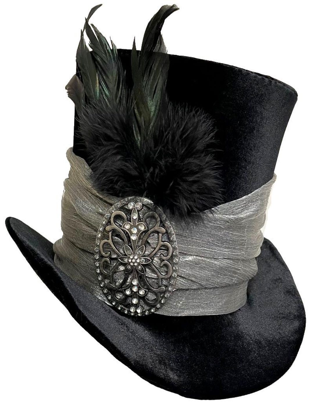 Tall Top Hat Black Velvet Silver Jeweled Gothic Steampunk Dapper ...
