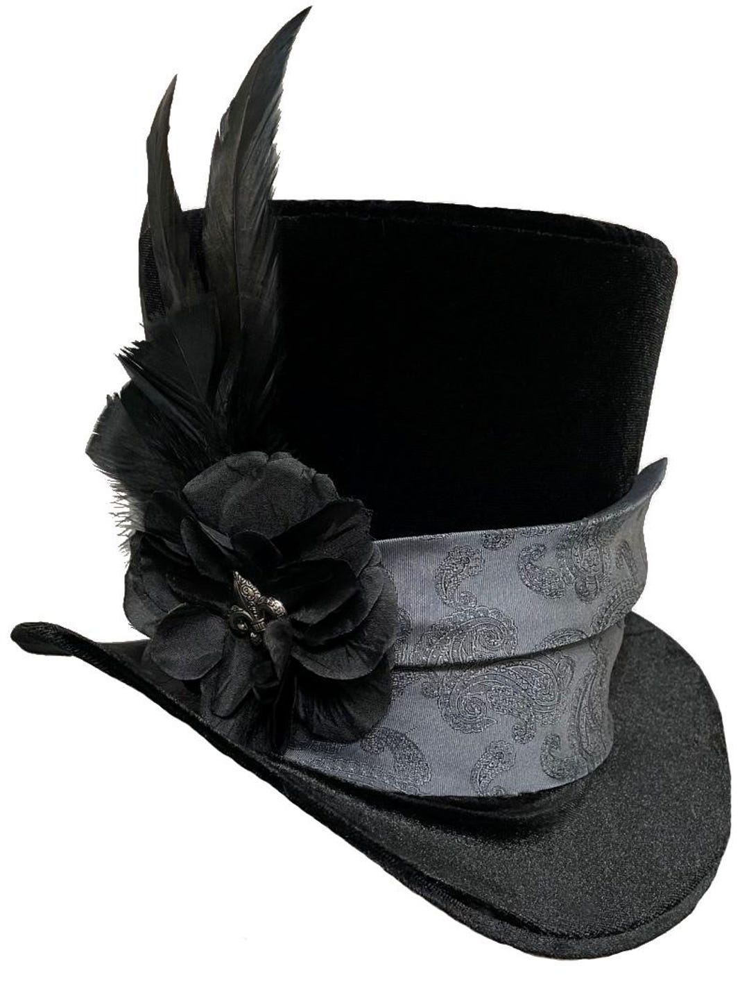 Tall Top Hat Black Velvet Fleur De Lis Rose Silver Grey Gothic Vampire ...