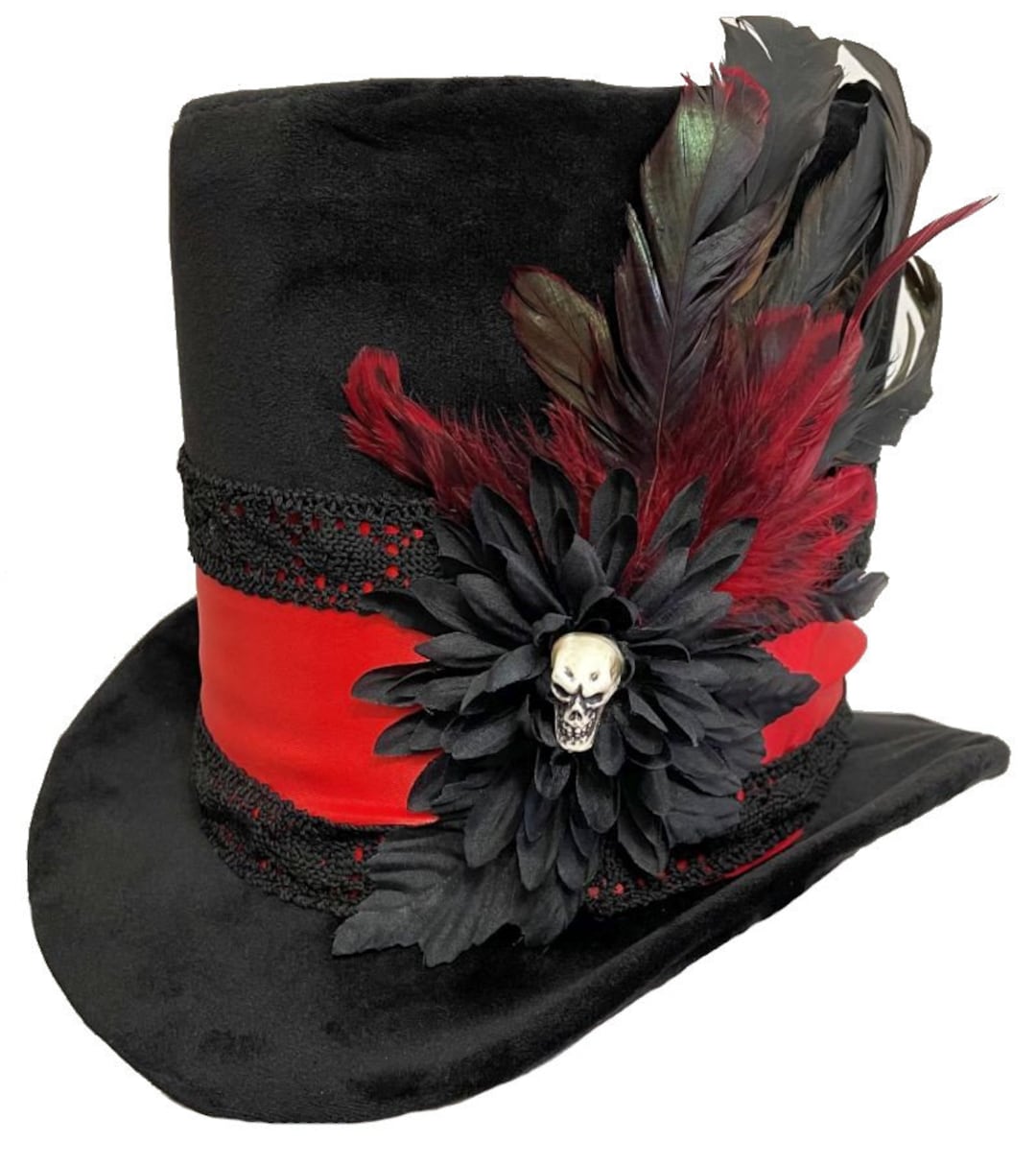 Tall Top Hat Black Velvet Red Gothic Skull Vampire Steampunk Horror ...