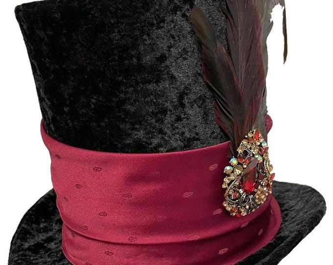 Black Velvet Top Hat Tall Burgundy Red Feathered Jeweled Steampunk ...